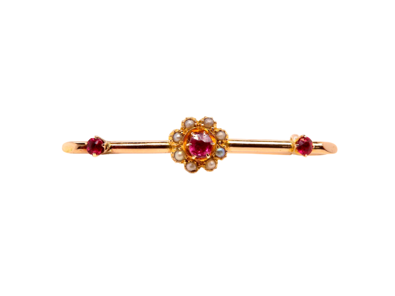 A Vintage Ruby and Pearl bar brooch